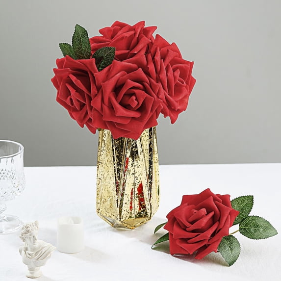 Efavormart 24Pcs Artificial Flowers Real Touch Red Foam Roses Wired ...