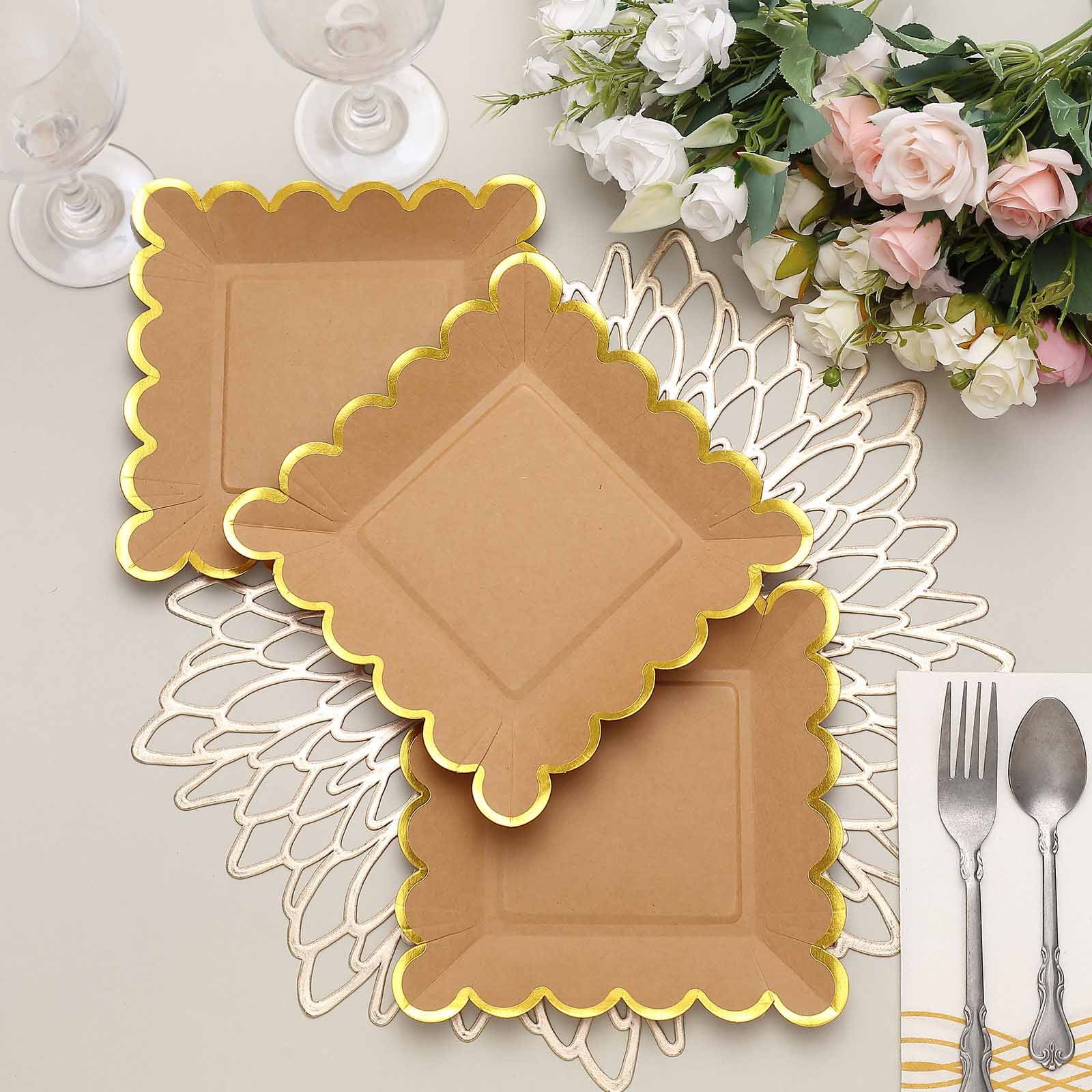 Efavormart 25 Pack | 7" Natural / Gold Scalloped Rim Square Paper ...