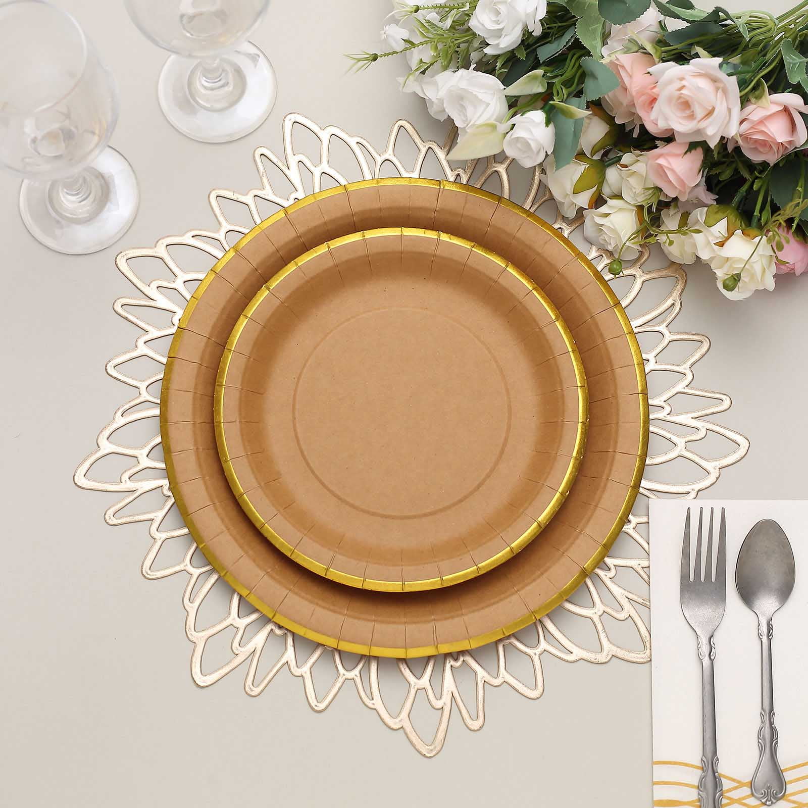 Efavormart 25 Pack | 8" Natural / Gold Lined Rim Round Paper Dessert ...