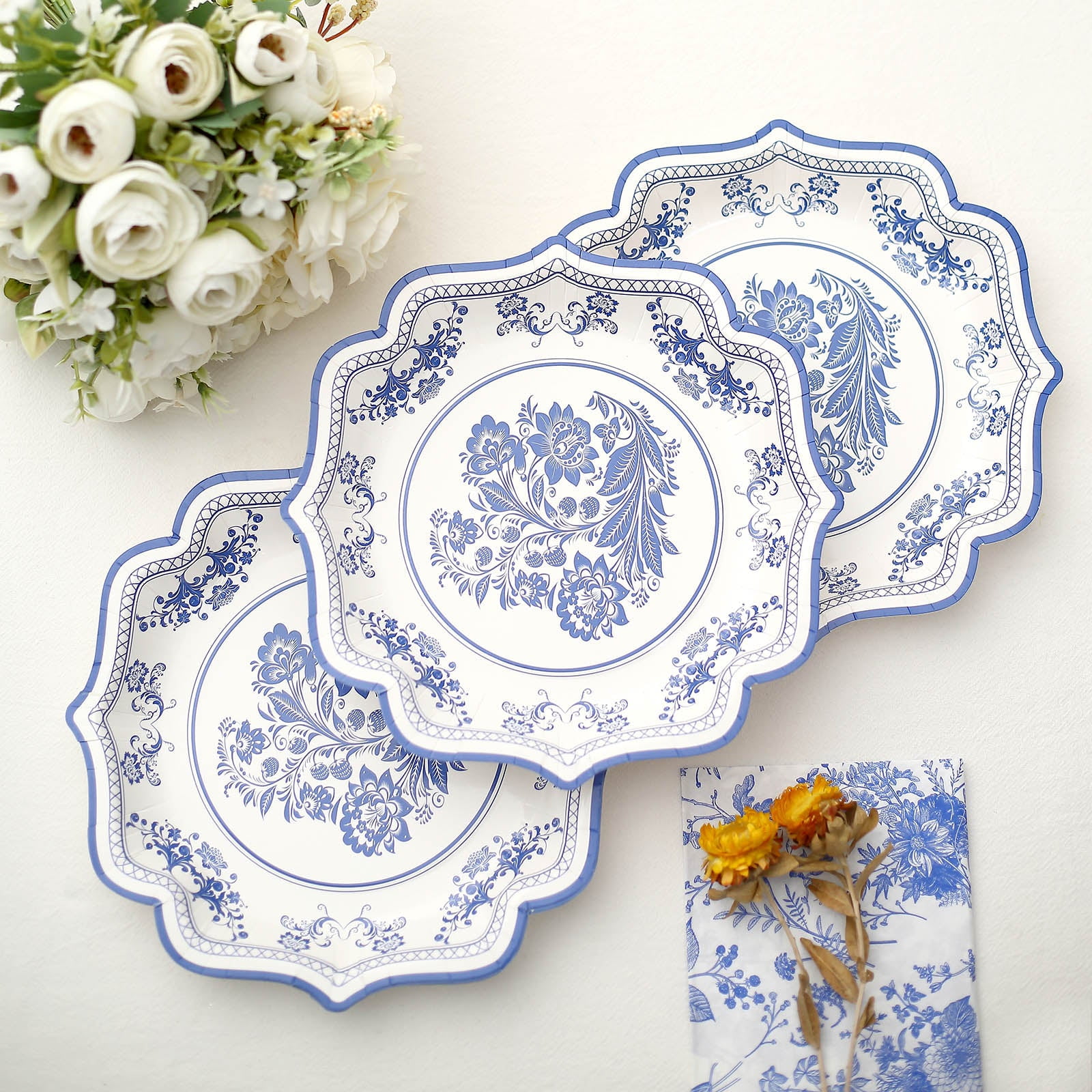 Efavormart 25 Pack - 8" White/Blue Floral Print Paper Plates ...