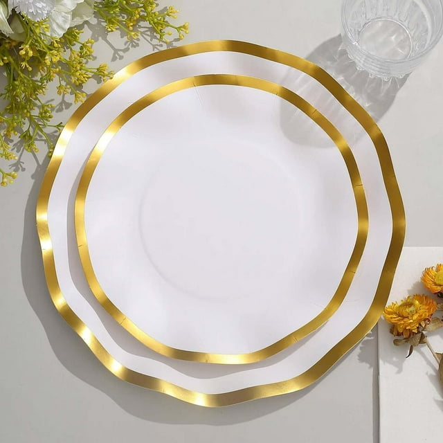 Efavormart 25 Pack | 8" White / Gold Wavy Rim Paper Dinner Plates ...