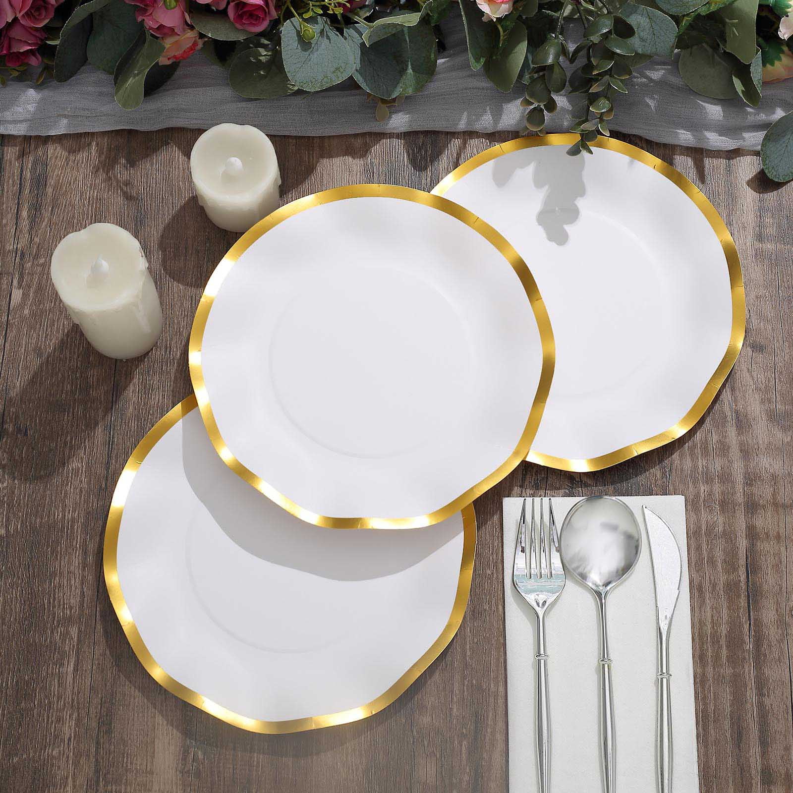 Efavormart 25 Pack | 8" White / Gold Wavy Rim Paper Dinner Plates ...