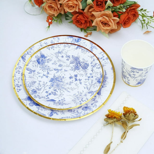 Efavormart 25 Pack | 9" Blue Chinoiserie Floral Paper Dessert Plates ...