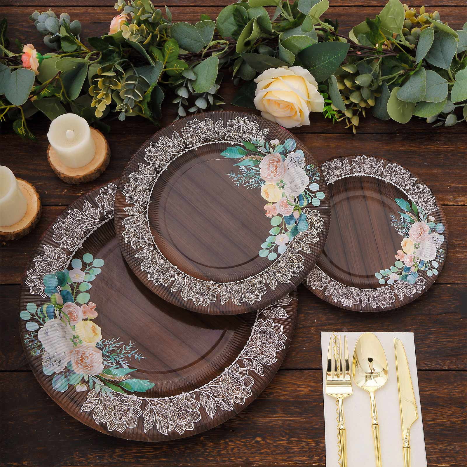 Efavormart 25 Pack Brown Rustic Wood Print 10" Paper Dinner Plates With ...