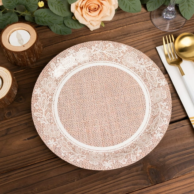 Efavormart 25 Pack Natural Burlap Print Dinner Paper Plates With White ...