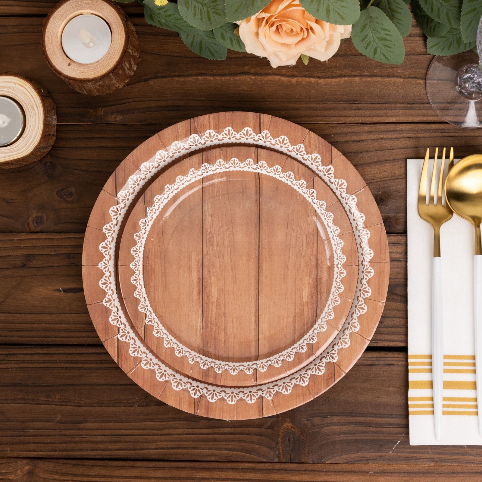 Efavormart 25 Pack White Brown Wood Grain Print Paper Dinner Plates ...