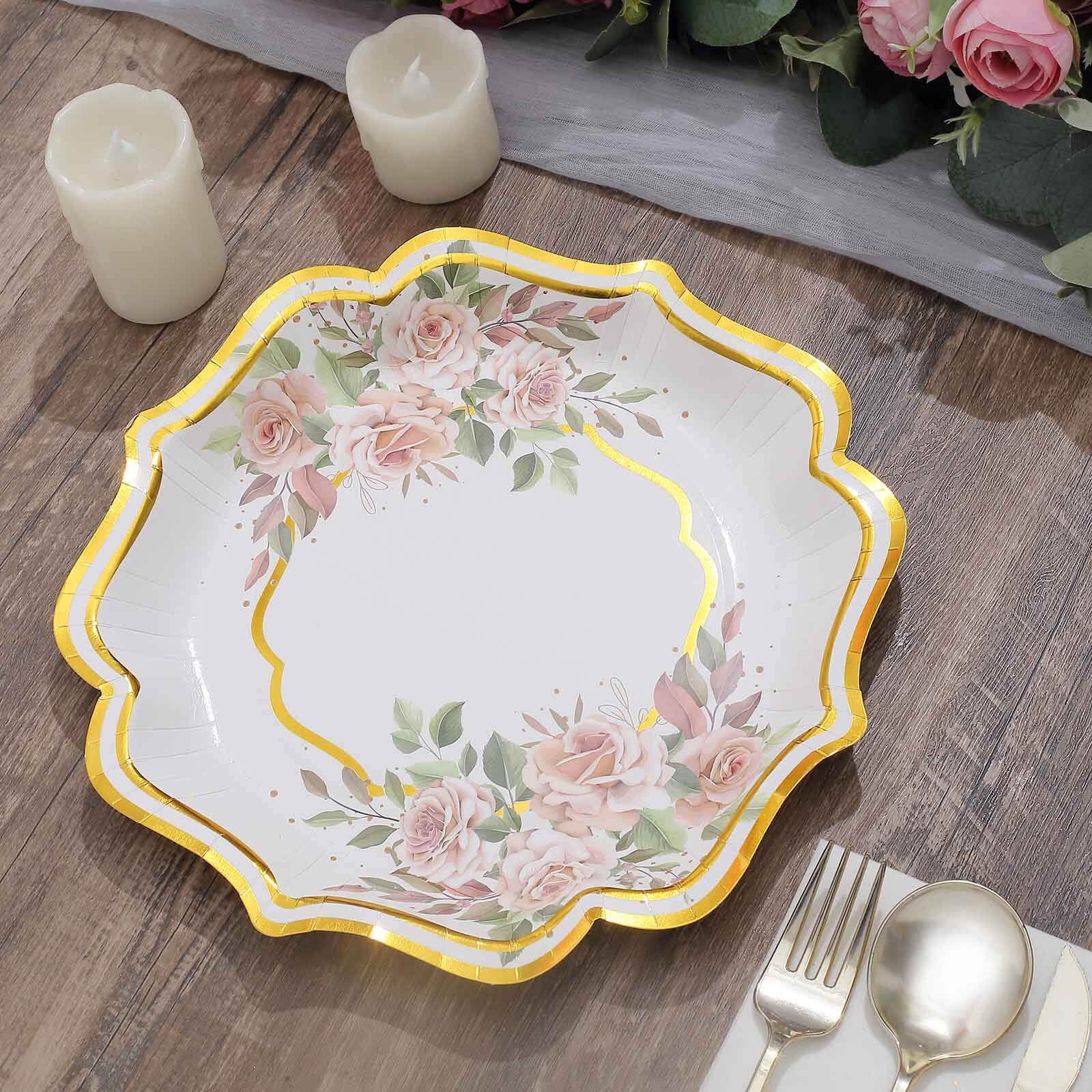 Efavormart 25 Pack | White/Gold Floral 10" Scallop Rim Fancy Dinner ...