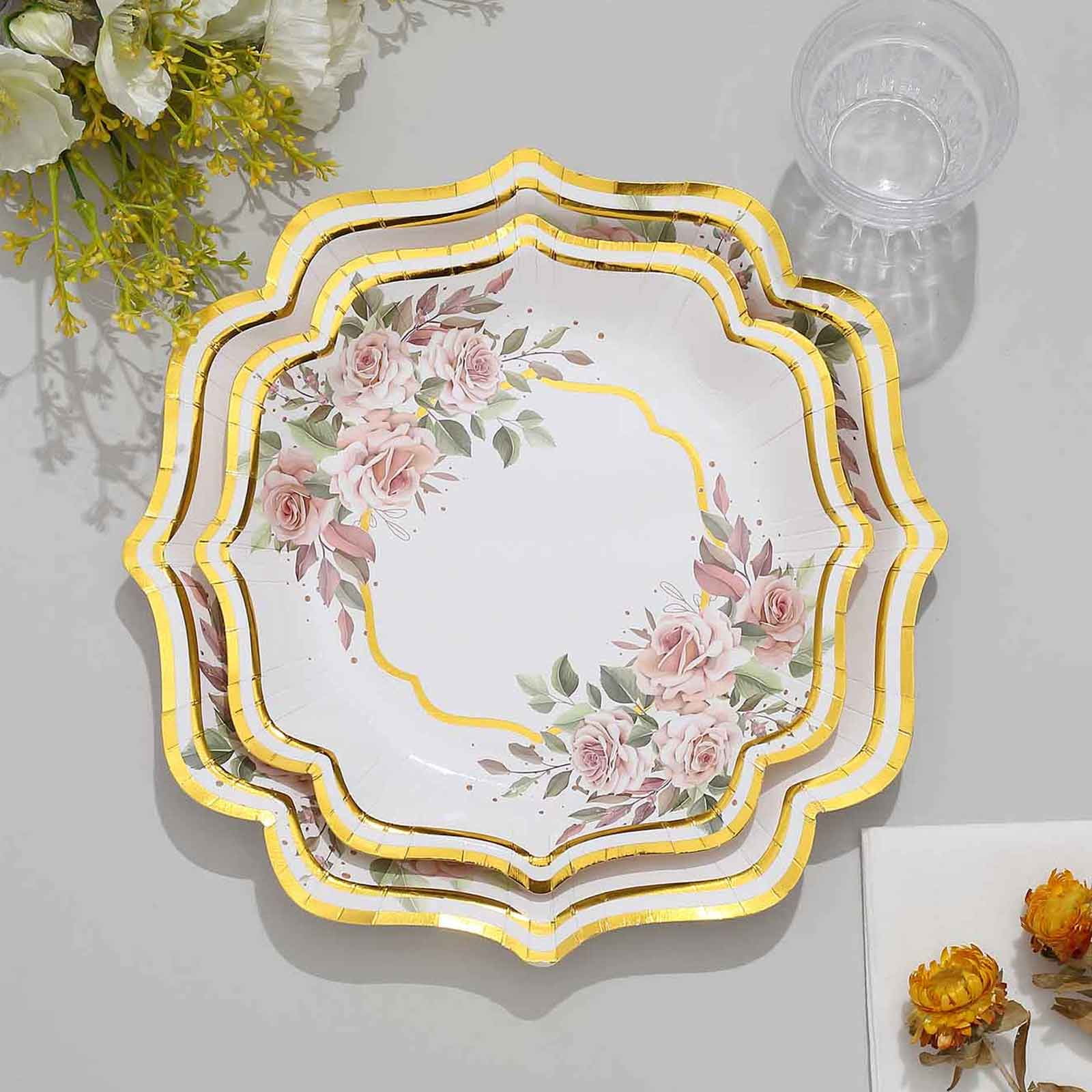 Efavormart 25 Pack | White / Gold Floral 8" Scallop Rim Dessert ...
