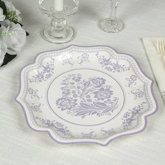 Efavormart 25 Pack White Lavender Lilac Paper Dinner Plates in Damask ...