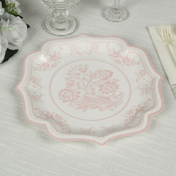 Efavormart 25 Pack White Pink Paper Dessert Plates in Damask Floral ...