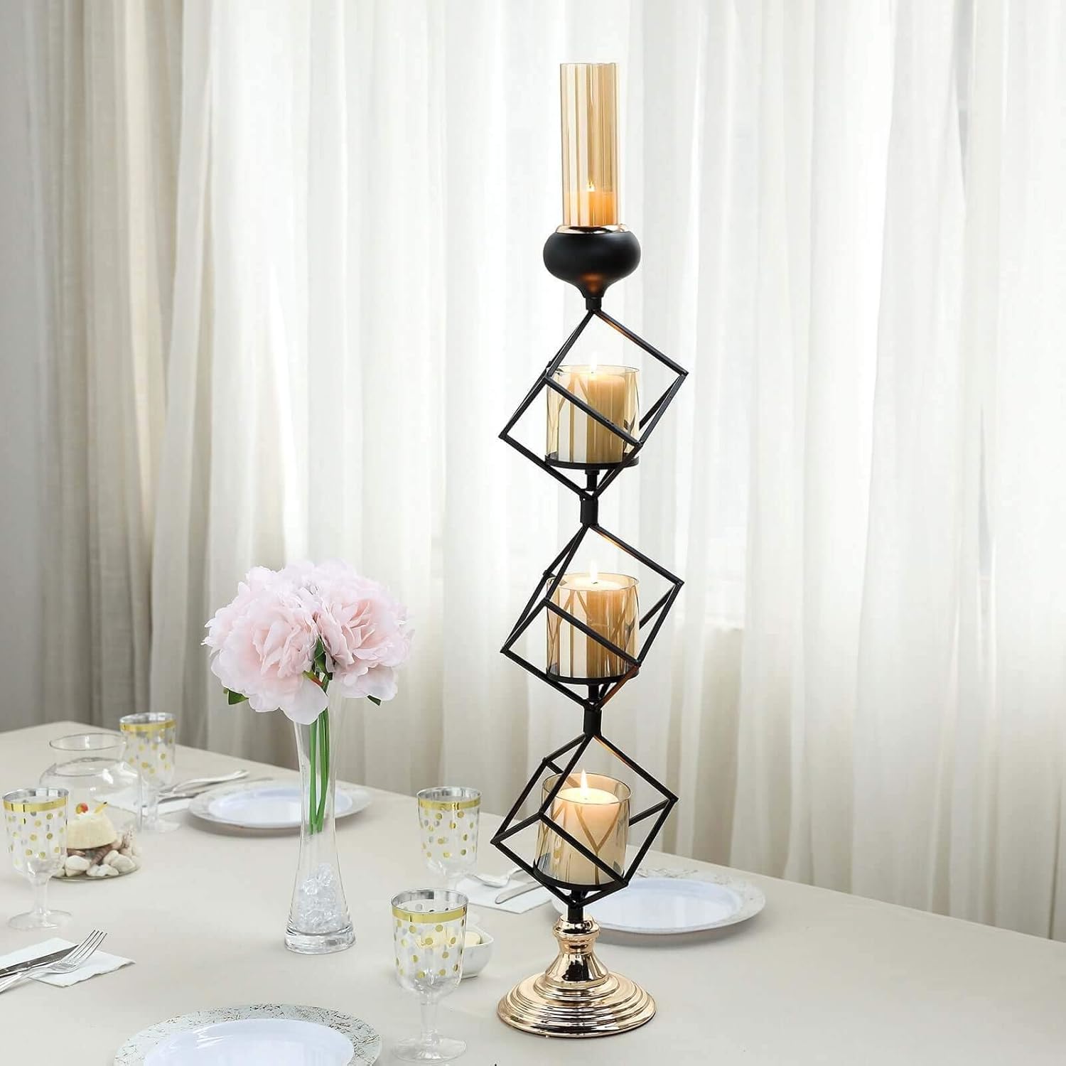 Efavormart 28" Metallic Gold & Black Geometric Candle Holders Three ...