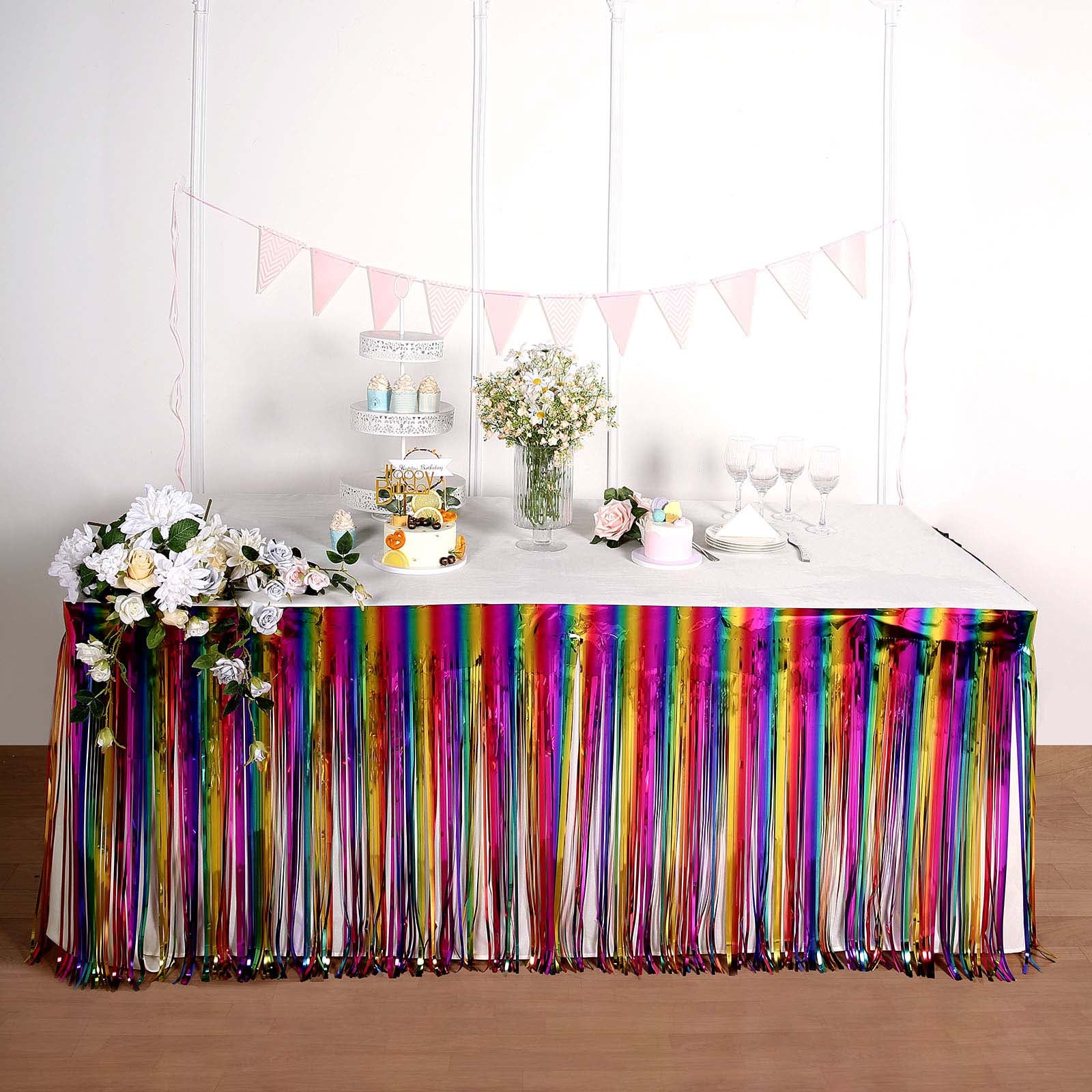 Efavormart 29"x 9FT Rainbow Metallic Foil Fringe Table Skirt, Self ...