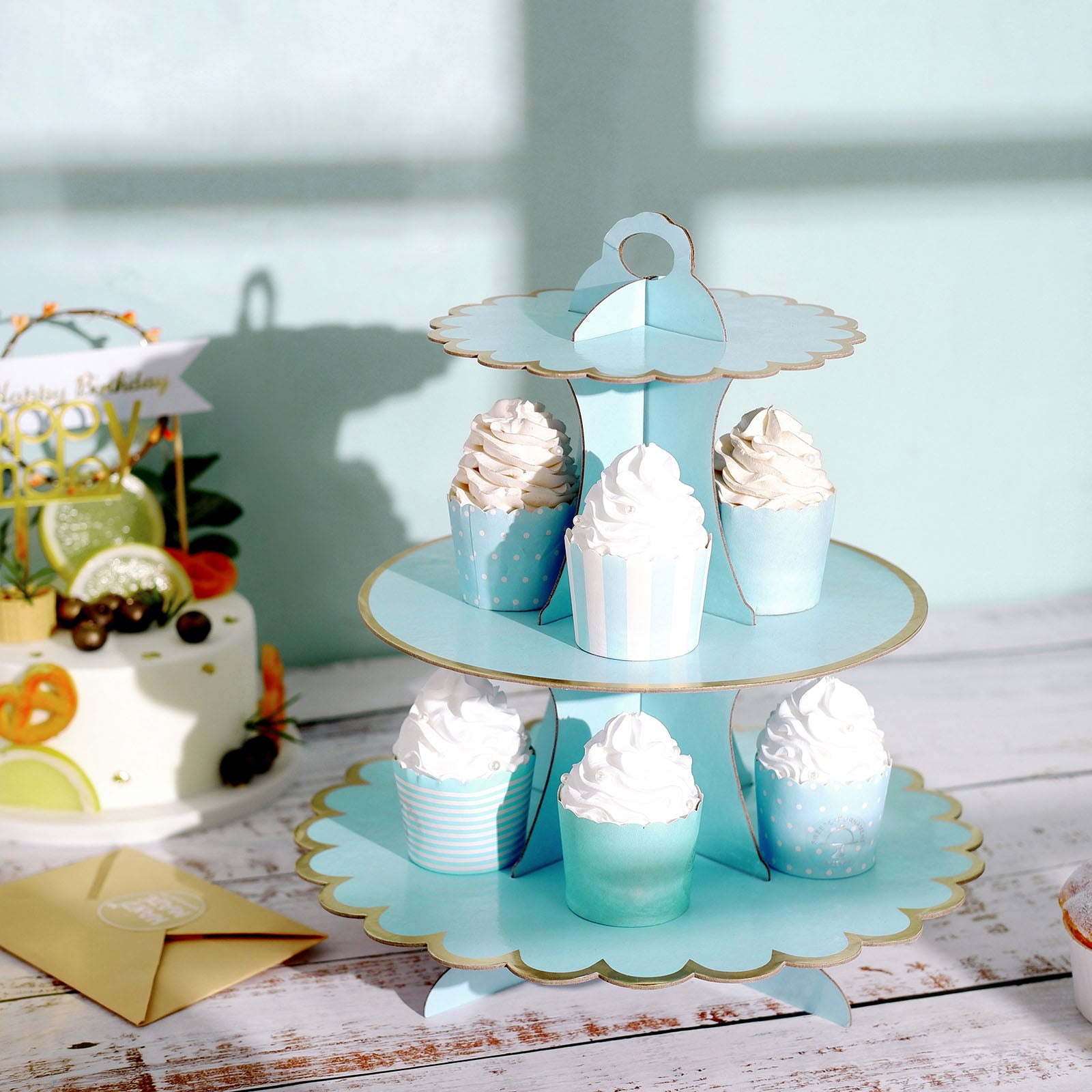 Efavormart 3 Tier - 13" Blue Cardboard Cupcake Stand - Gold Scalloped ...