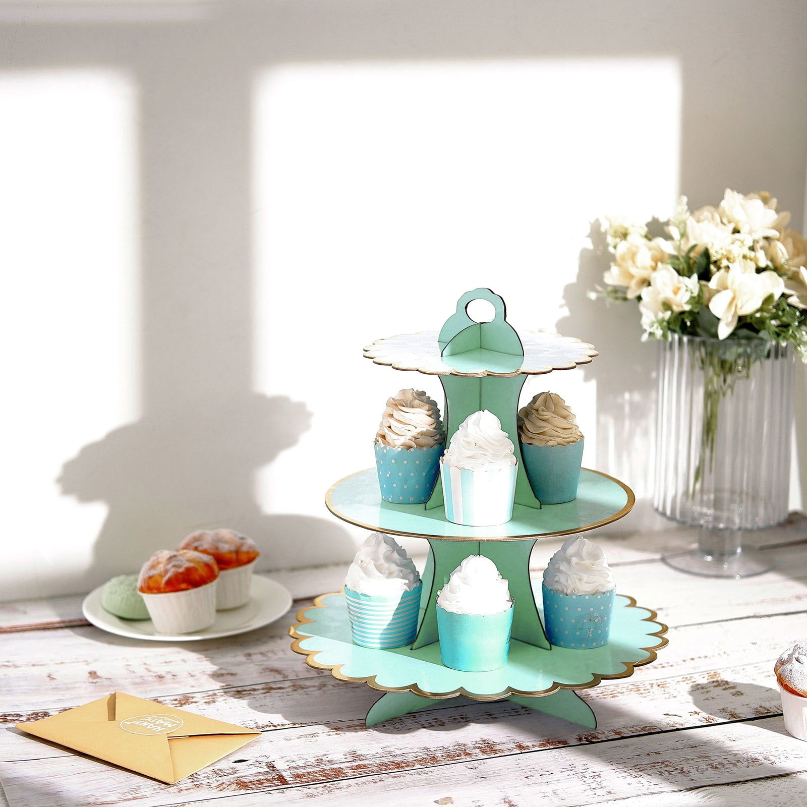 Efavormart 3 Tier - 13" Mint Cardboard Cupcake Stand - Gold Scalloped ...