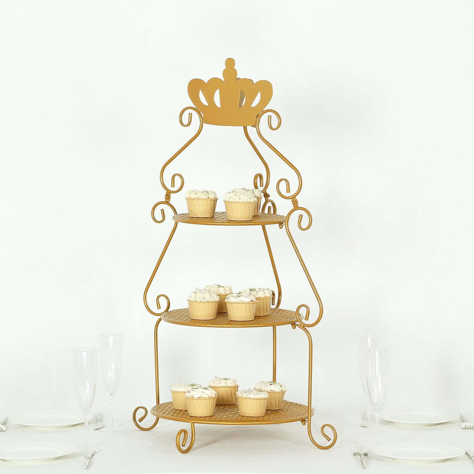 Efavormart 3 Tier Round Gold Metal Cake Stand with Crown Top, Cupcake ...