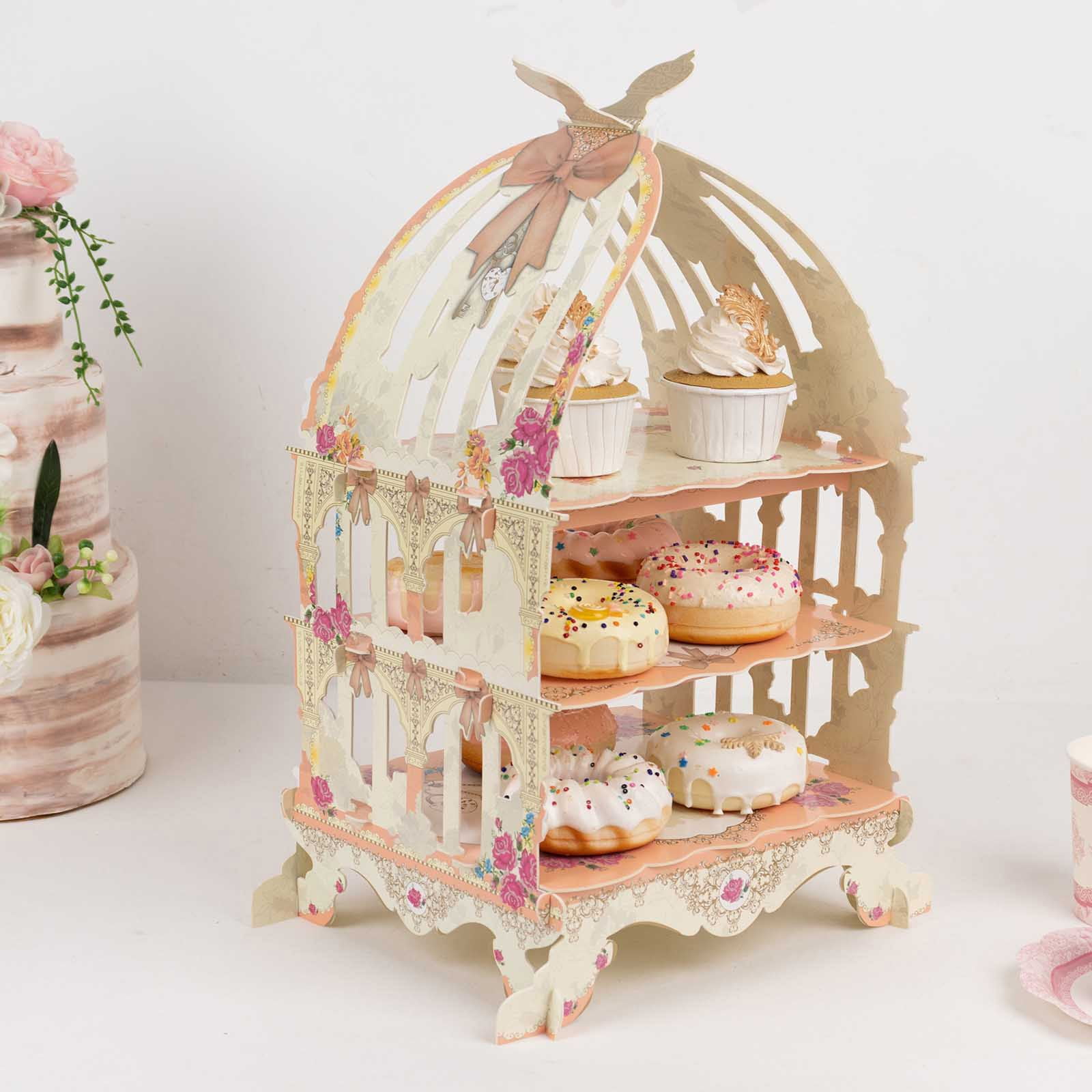 Efavormart 3 Tier White Peach Birdcage Cardboard Cupcake Stand With ...