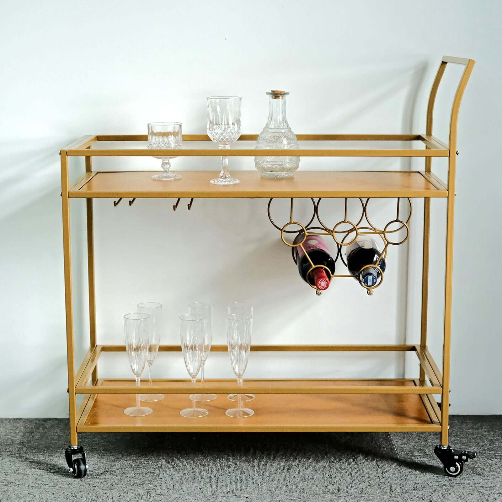 Efavormart 3ft Gold Metal 2-Tier Bar Cart Wine Rack With Wooden Serving ...