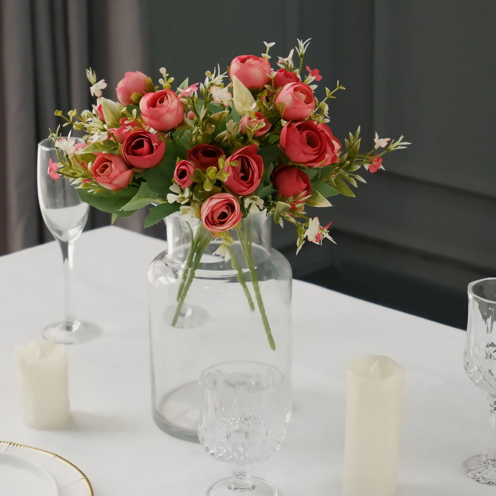 Efavormart 4 Pack | 12" Artificial Red Mini Ranunculus Silk Flower ...