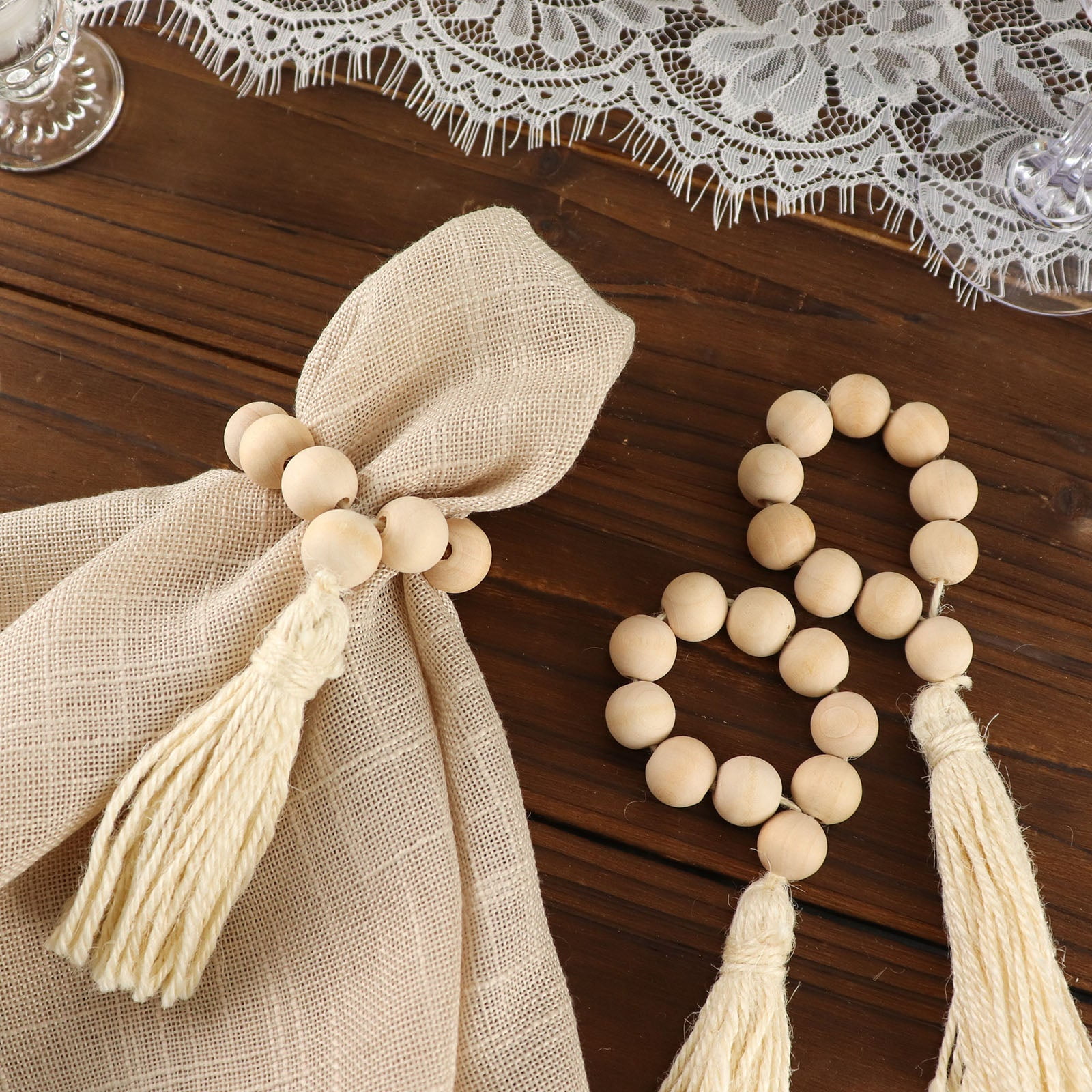 Efavormart 4 Pack | 6" Cream Farmhouse Country Wood Bead Napkin Rings ...