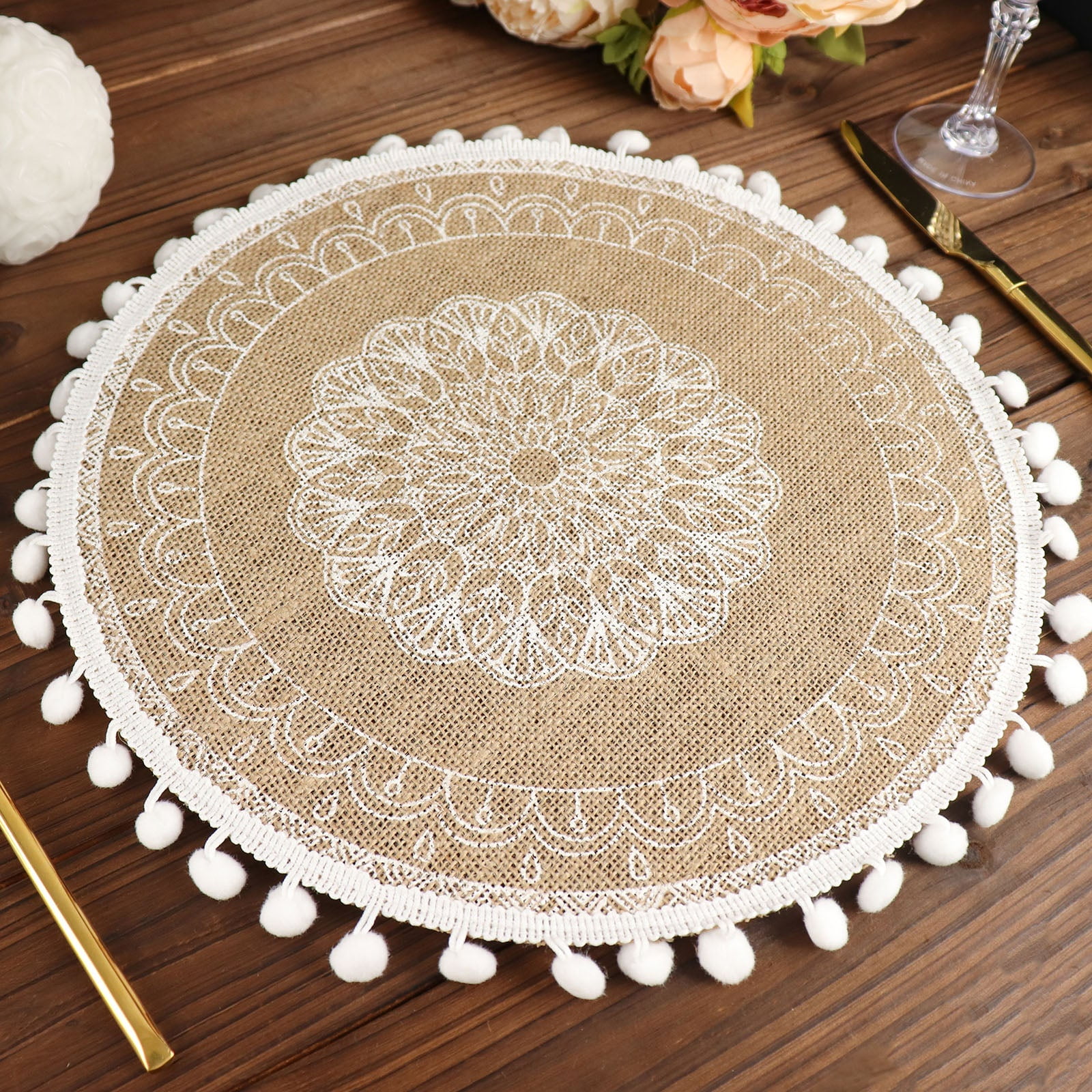 Efavormart 4 Pack | Natural 15" Jute & White Embroidery Mandala Print ...