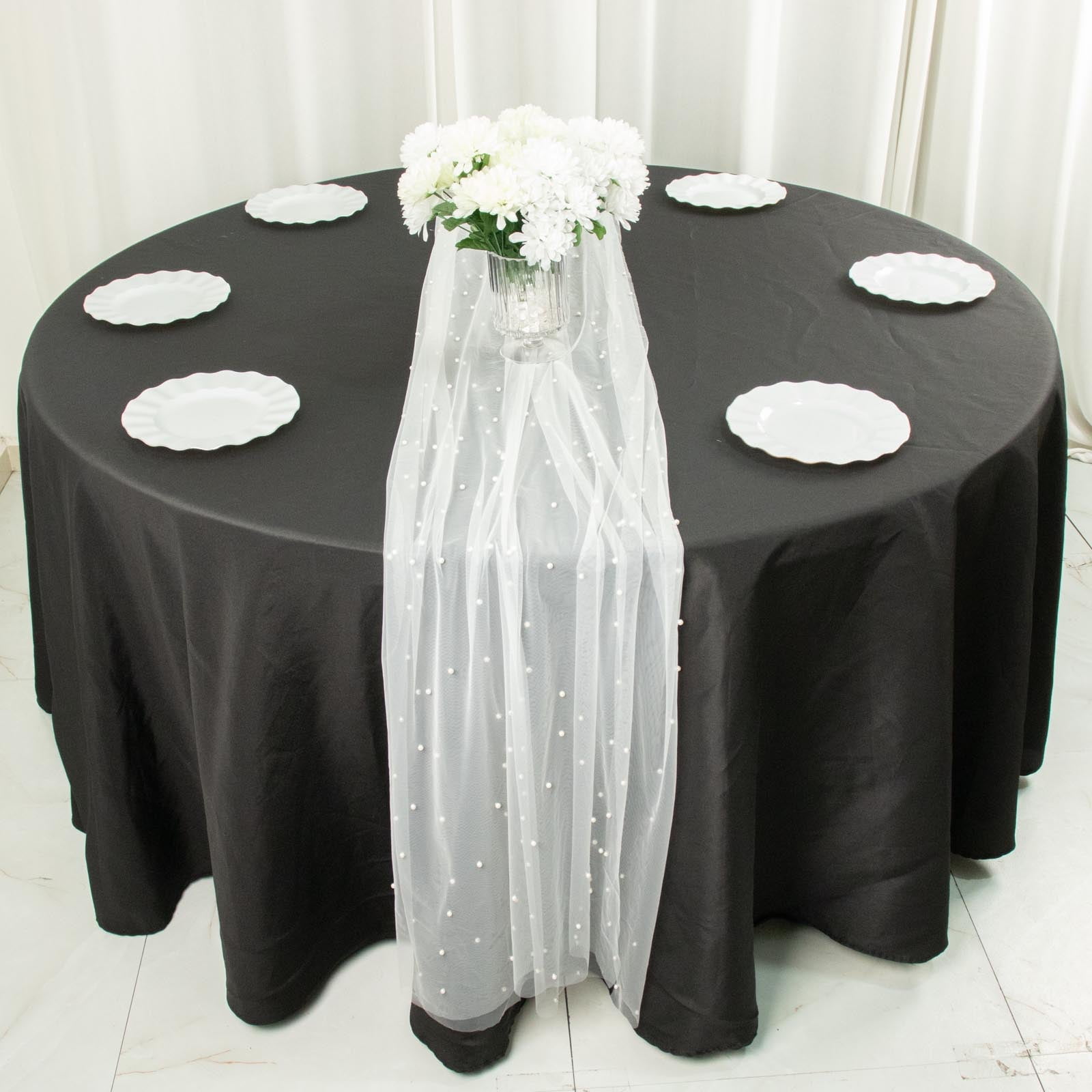 Efavormart 48"X120" White Pearl Embellished Sheer Tulle Table Runner ...