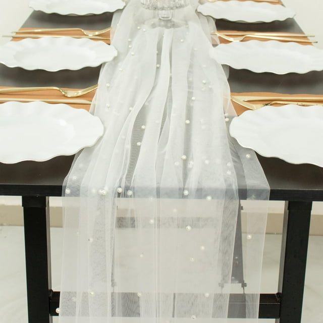 Efavormart 48"X120" White Pearl Embellished Sheer Tulle Table Runner ...
