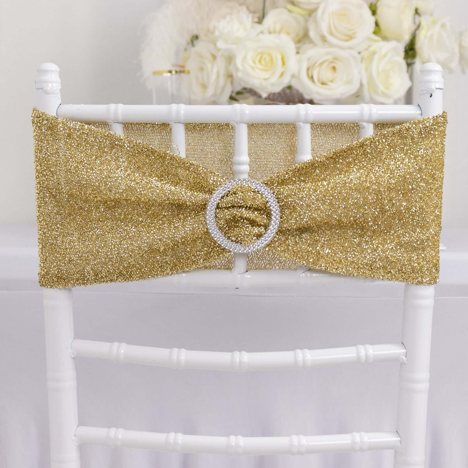Efavormart 5 Pack Champagne Shimmer Tinsel Spandex Chair Sashes With ...