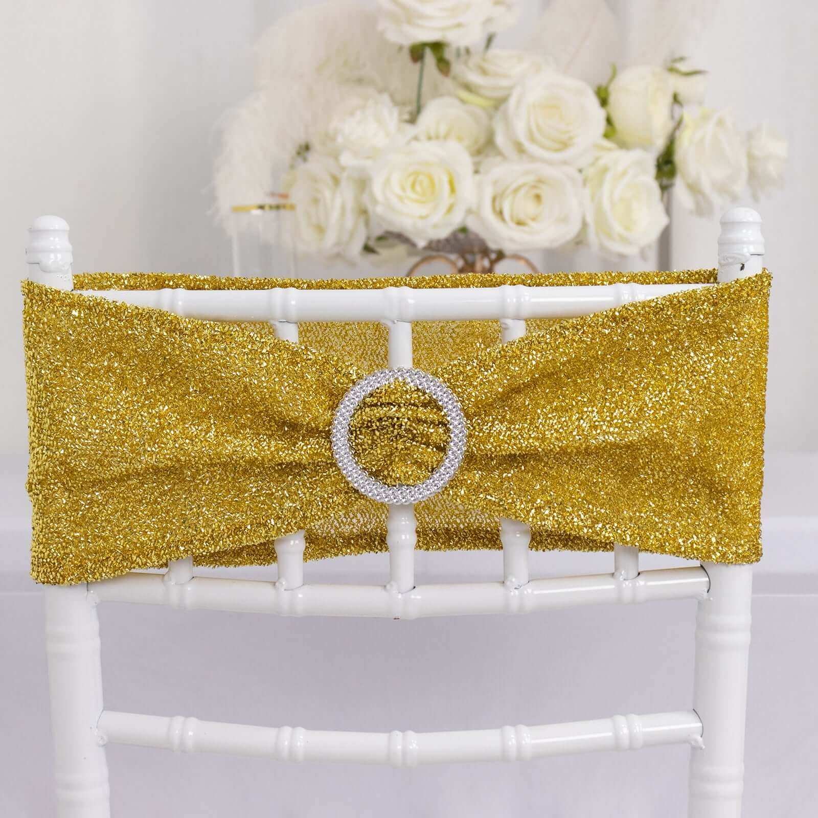 Efavormart 5 Pack Gold Shimmer Tinsel Spandex Chair Sashes With Round ...