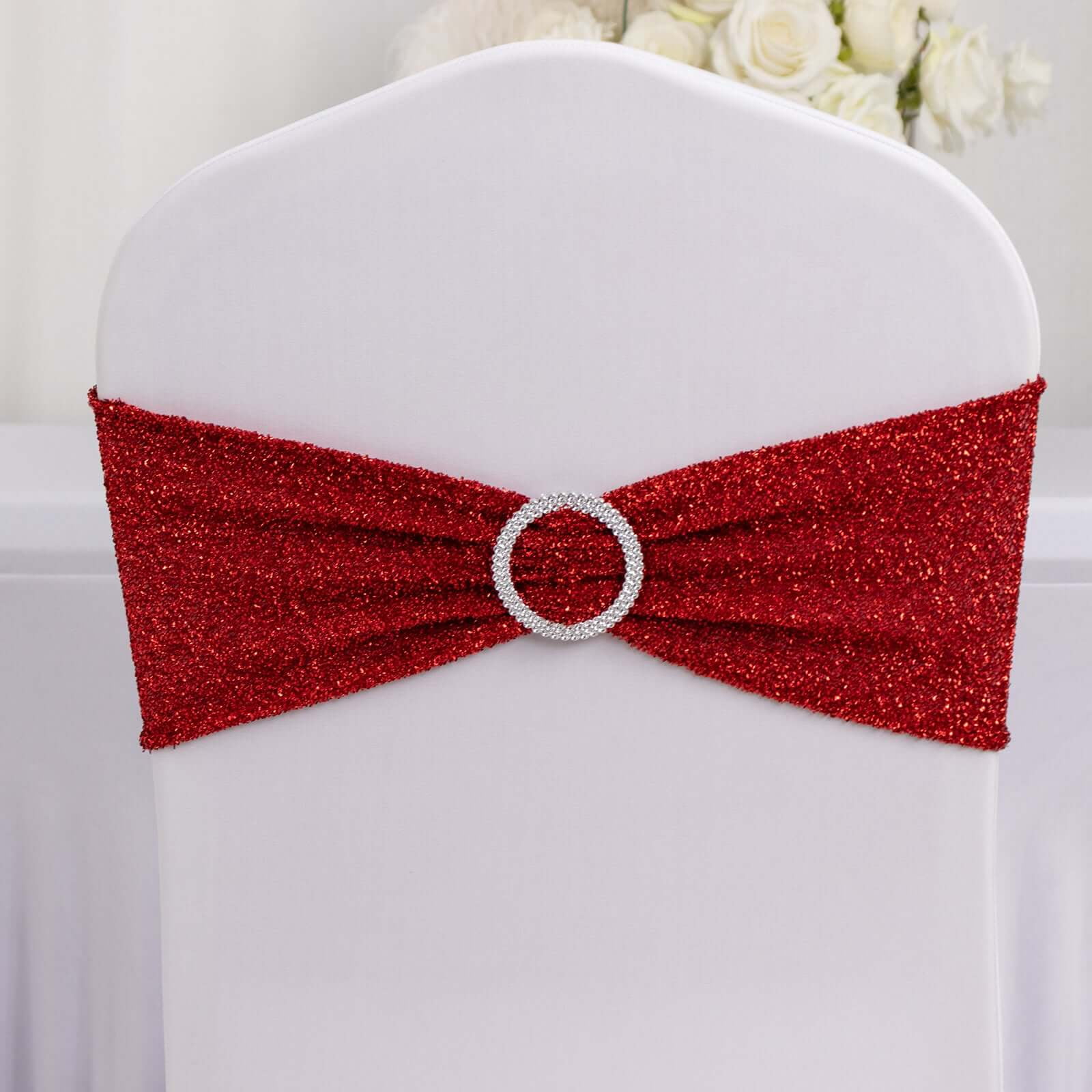 Efavormart 5 Pack Red Shimmer Tinsel Spandex Chair Sashes With Round ...