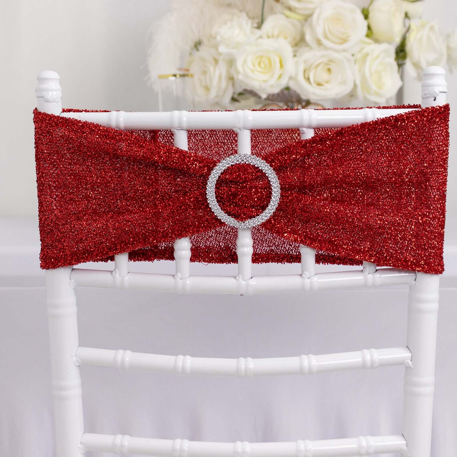 Efavormart 5 Pack Red Shimmer Tinsel Spandex Chair Sashes With Round ...