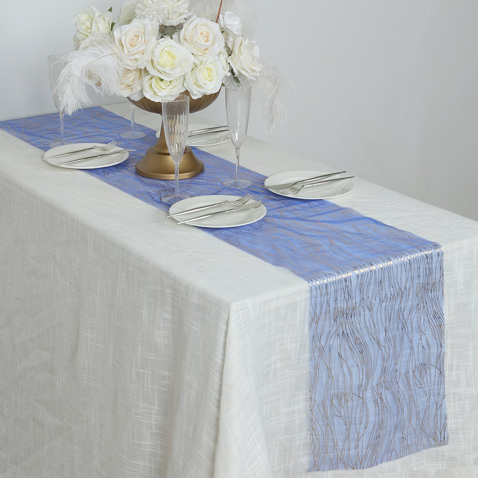 Efavormart 5 Pack Royal Blue Mesh Organza Table Runners with Gold Foil ...