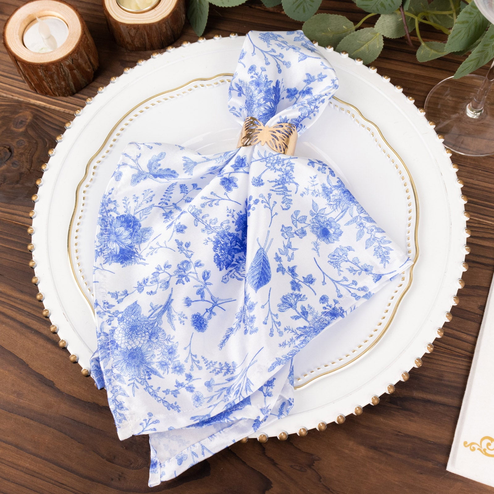 Efavormart 5 Pack White Blue Chinoiserie Floral Print Satin Cloth ...