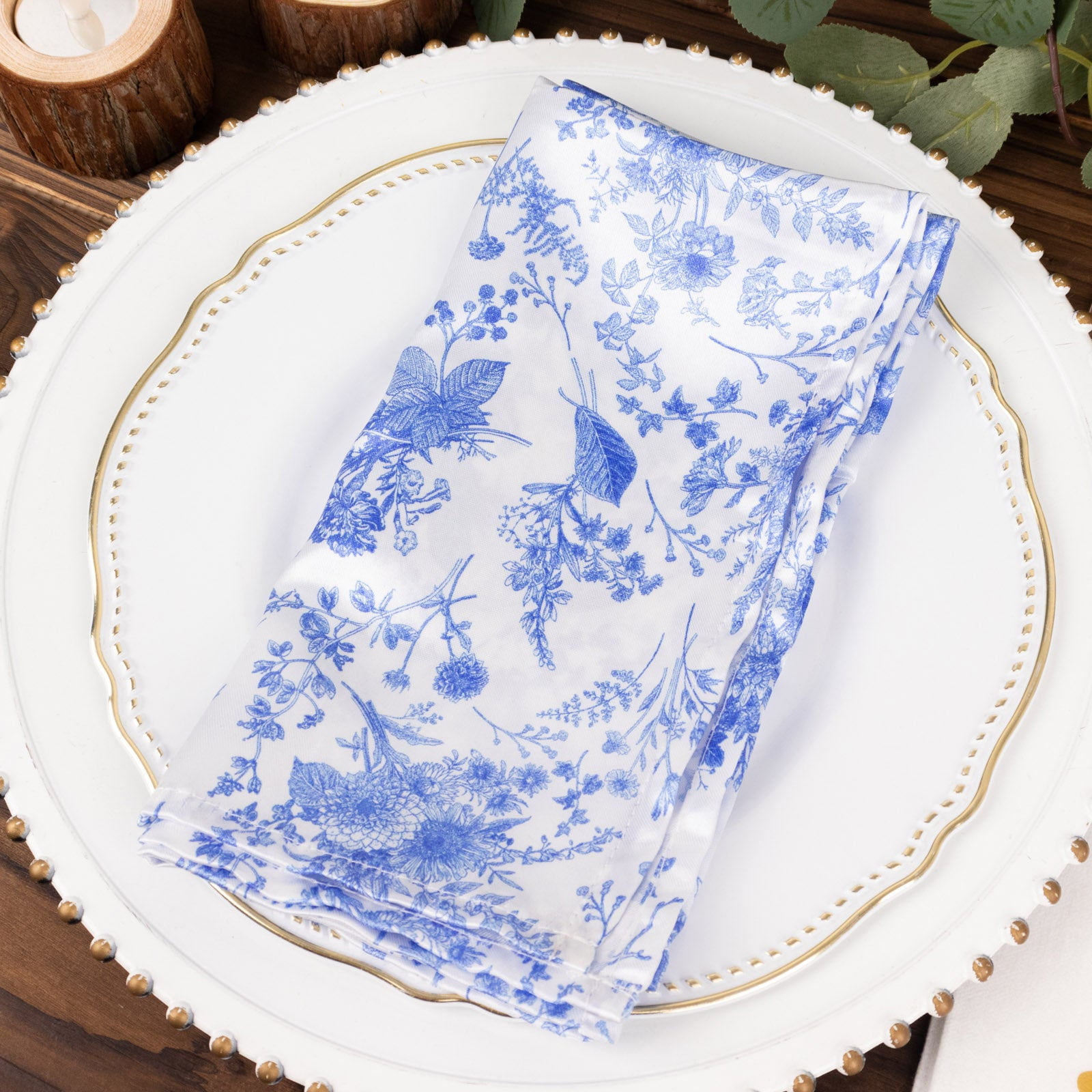 Efavormart 5 Pack White Blue Chinoiserie Floral Print Satin Cloth ...