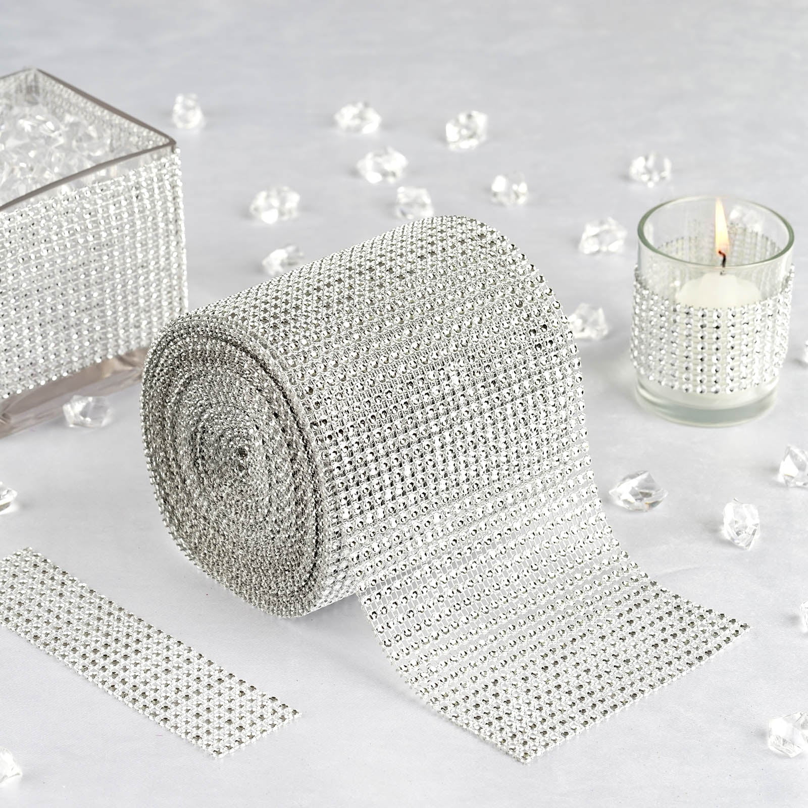 Efavormart 5"x10 Yards Shiny Silver Diamond Rhinestone Ribbon Wrap Roll ...