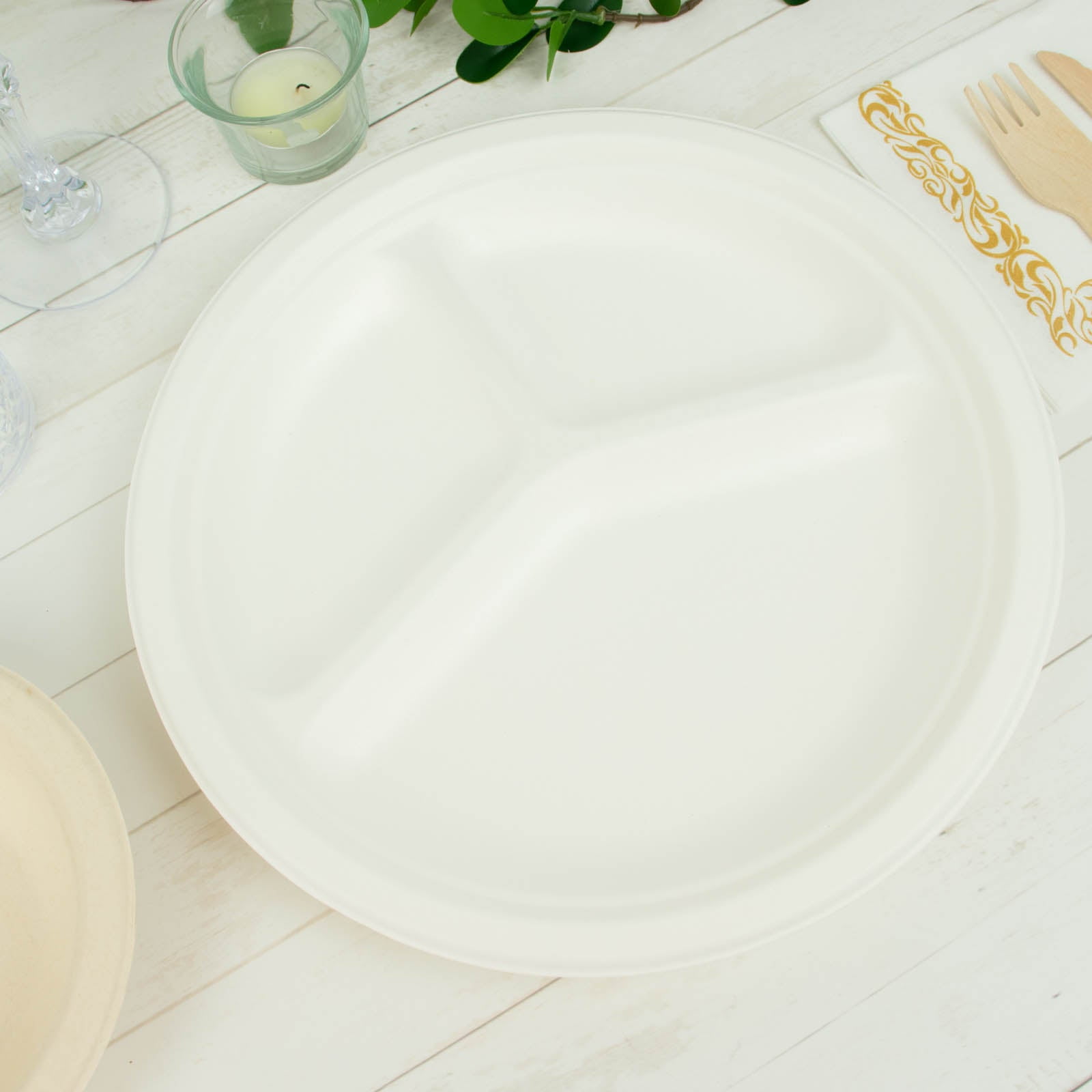 Efavormart 50 Pack | 10" White Biodegradable Bagasse 3-Compartment ...