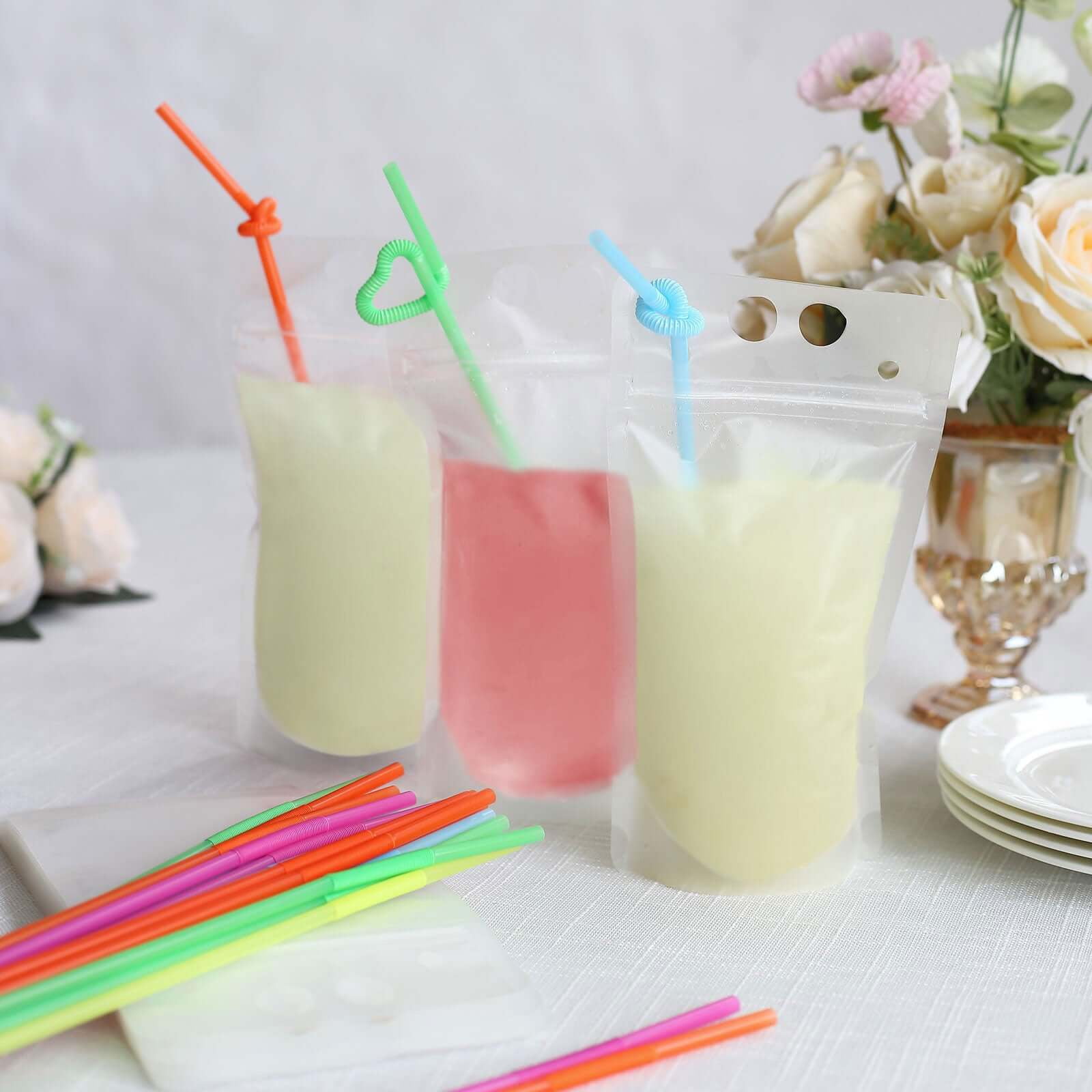 Efavormart 50 Pack Clear Stand-Up Plastic Drink Pouches with Straws ...