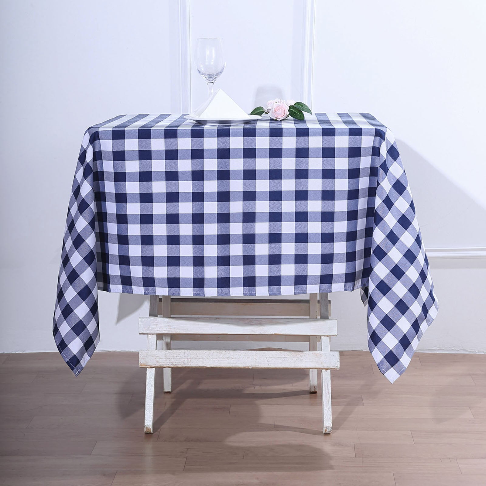Efavormart 54" Square WHITE/NAVY BLUE Checkered Tablecloth, Polyester ...