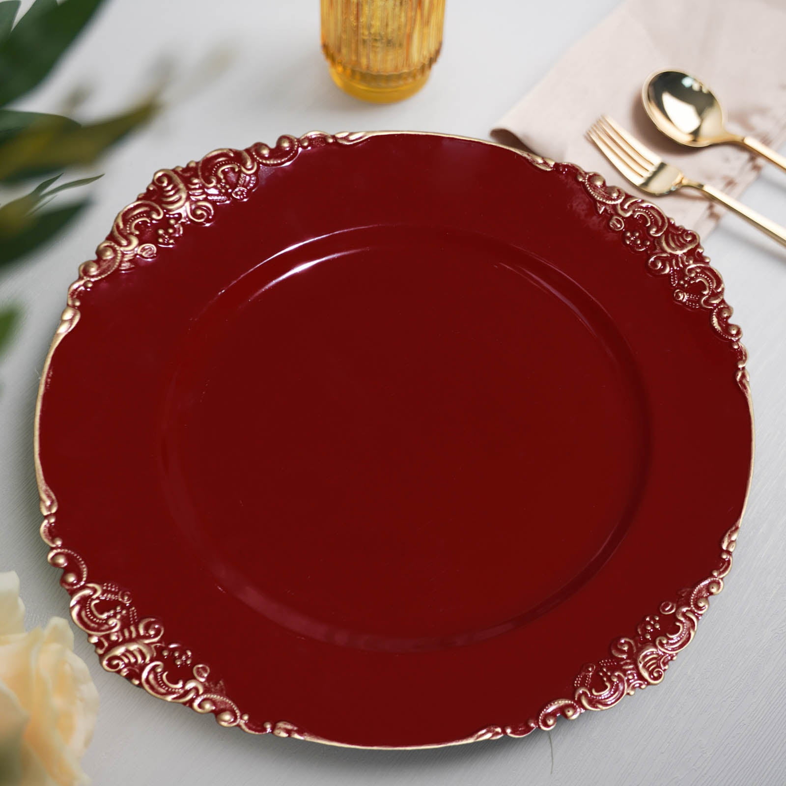 Efavormart 6 Pack - 13" Burgundy Round Baroque Charger Plates Leaf ...