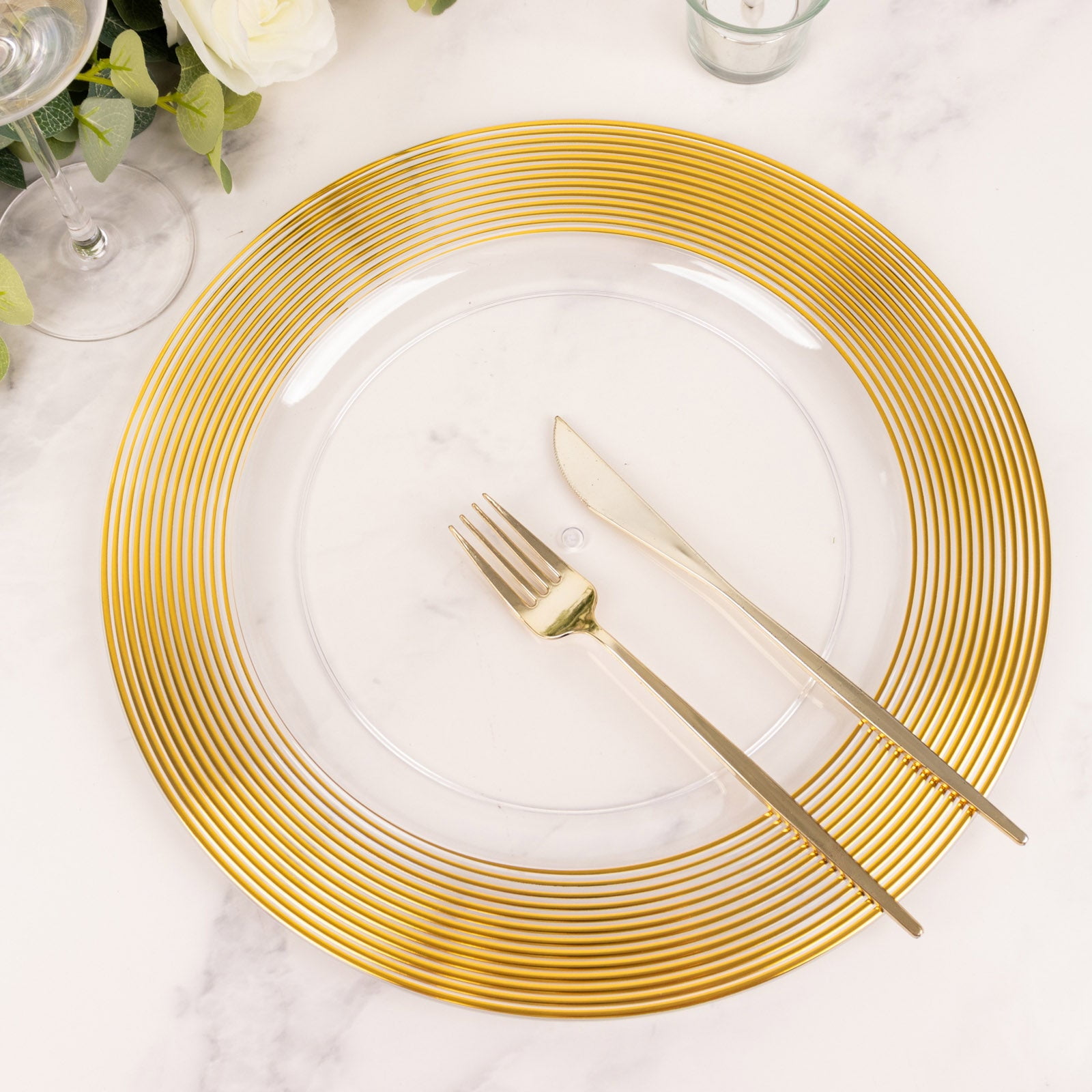 Efavormart 6 Pack | 13" Clear / Gold Lined Rim Plastic Wedding Charger ...