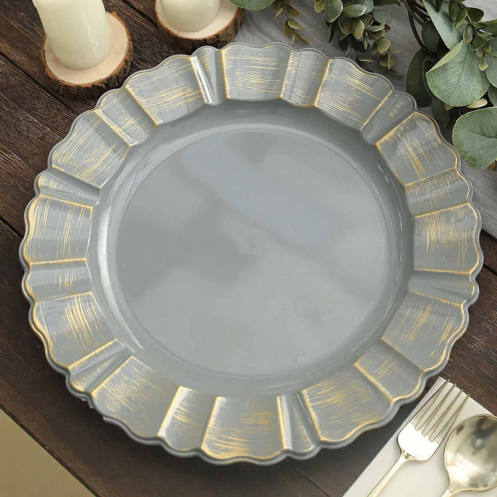 Efavormart 6 Pack 13" Round Charcoal Gray Gold Brushed Wavy Scalloped ...