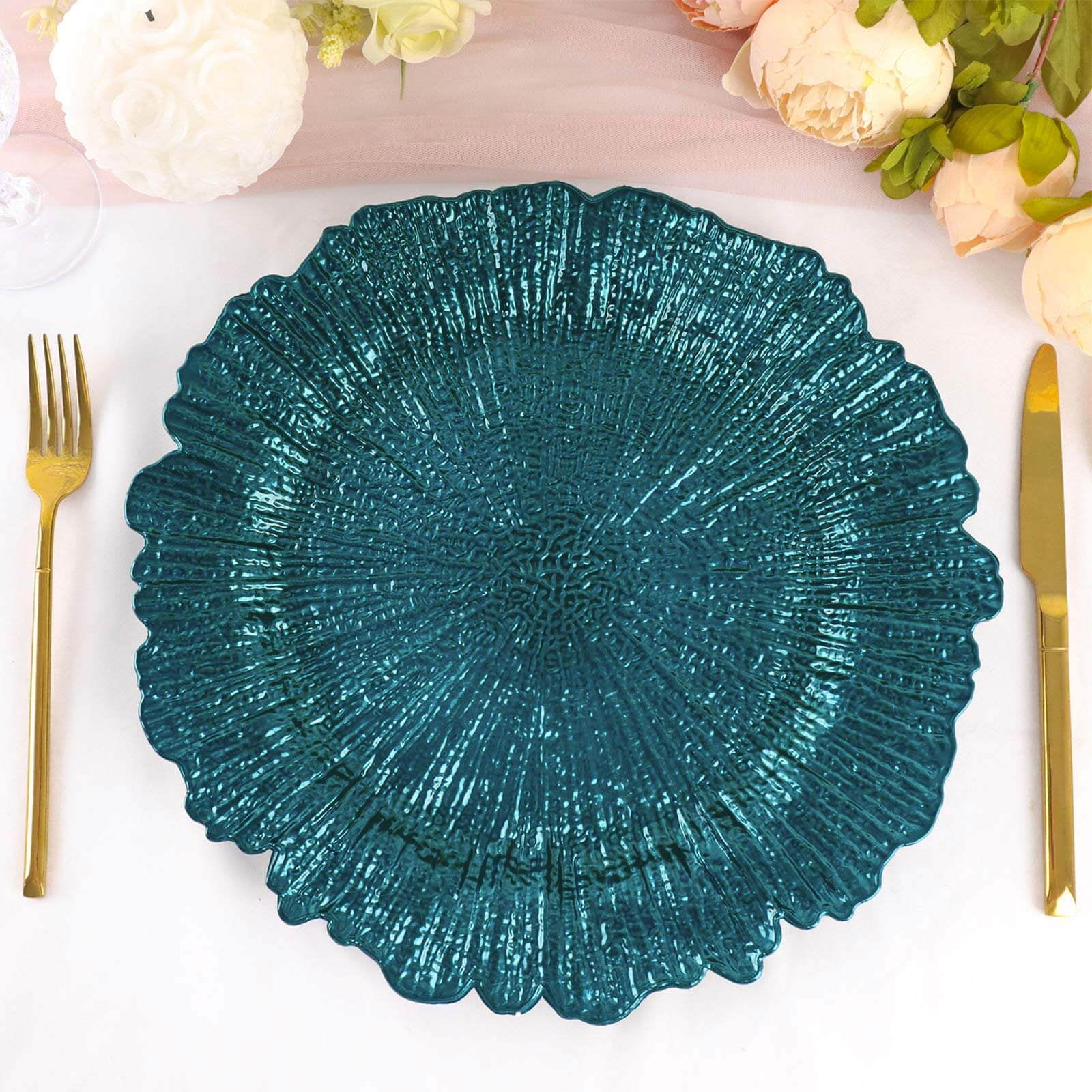 Efavormart 6 Pack 13" Round Peacock Teal Plastic Reef Charger Plates ...