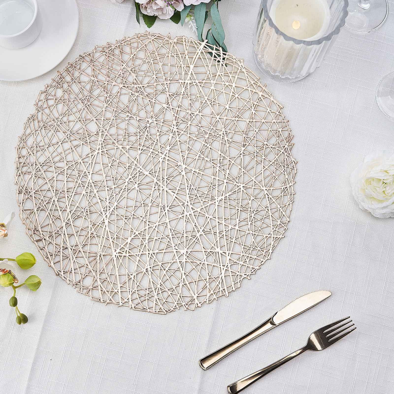 Efavormart 6 Pack 15" Champagne Round Woven Vinyl Placemats Non Slip ...