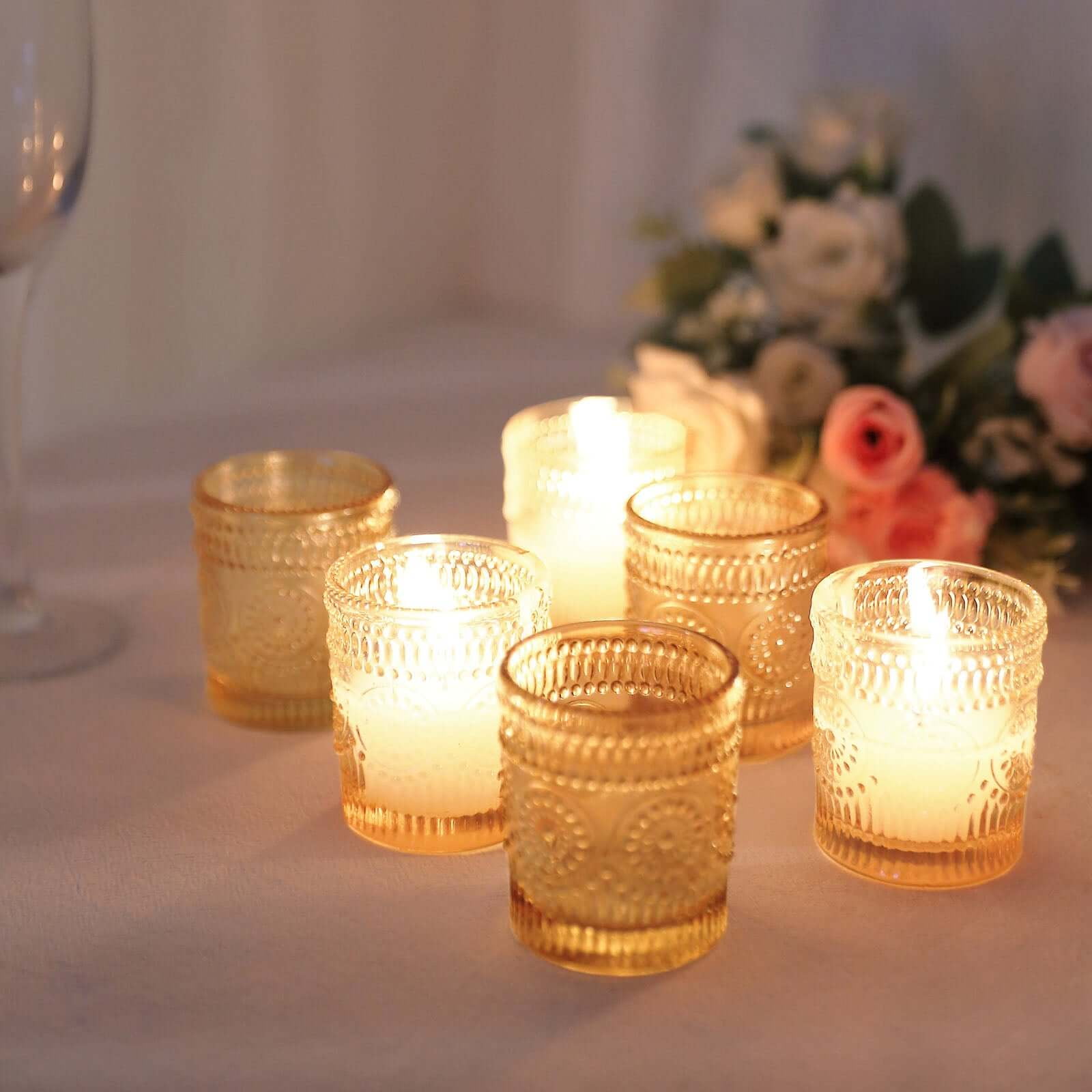 Efavormart 6 Pack Amber Gold Glass Primrose Candle Holders, Votive ...