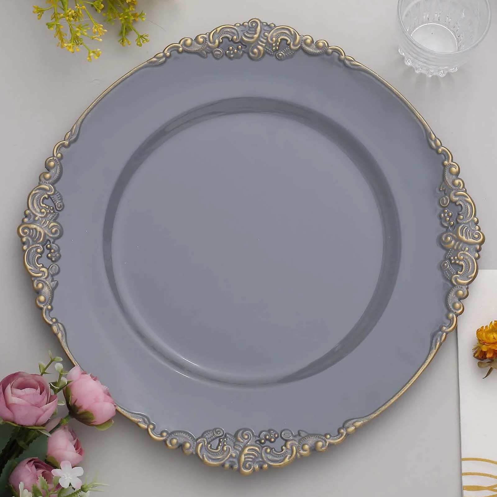 Efavormart 6 Pack Charcoal Gray Gold 13" Round Baroque Charger Plates ...