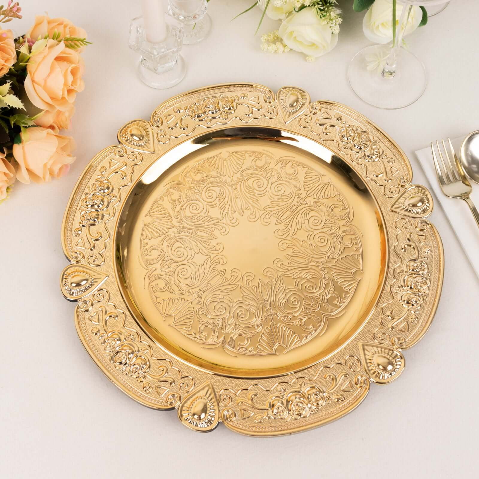 Efavormart 6 Pack Gold Floral Embossed Acrylic Charger Plates With ...