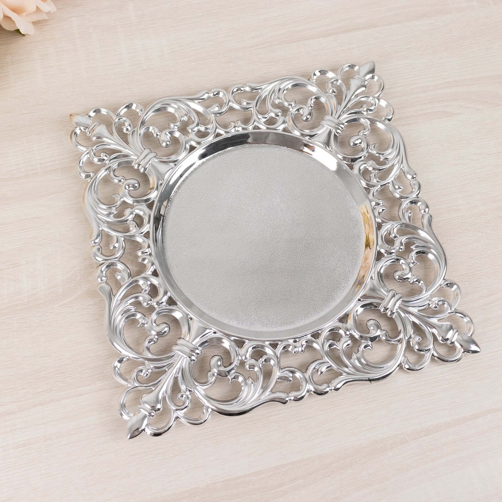 Efavormart 6 Pack Silver Square Acrylic Charger Plates with Hollow Lace ...