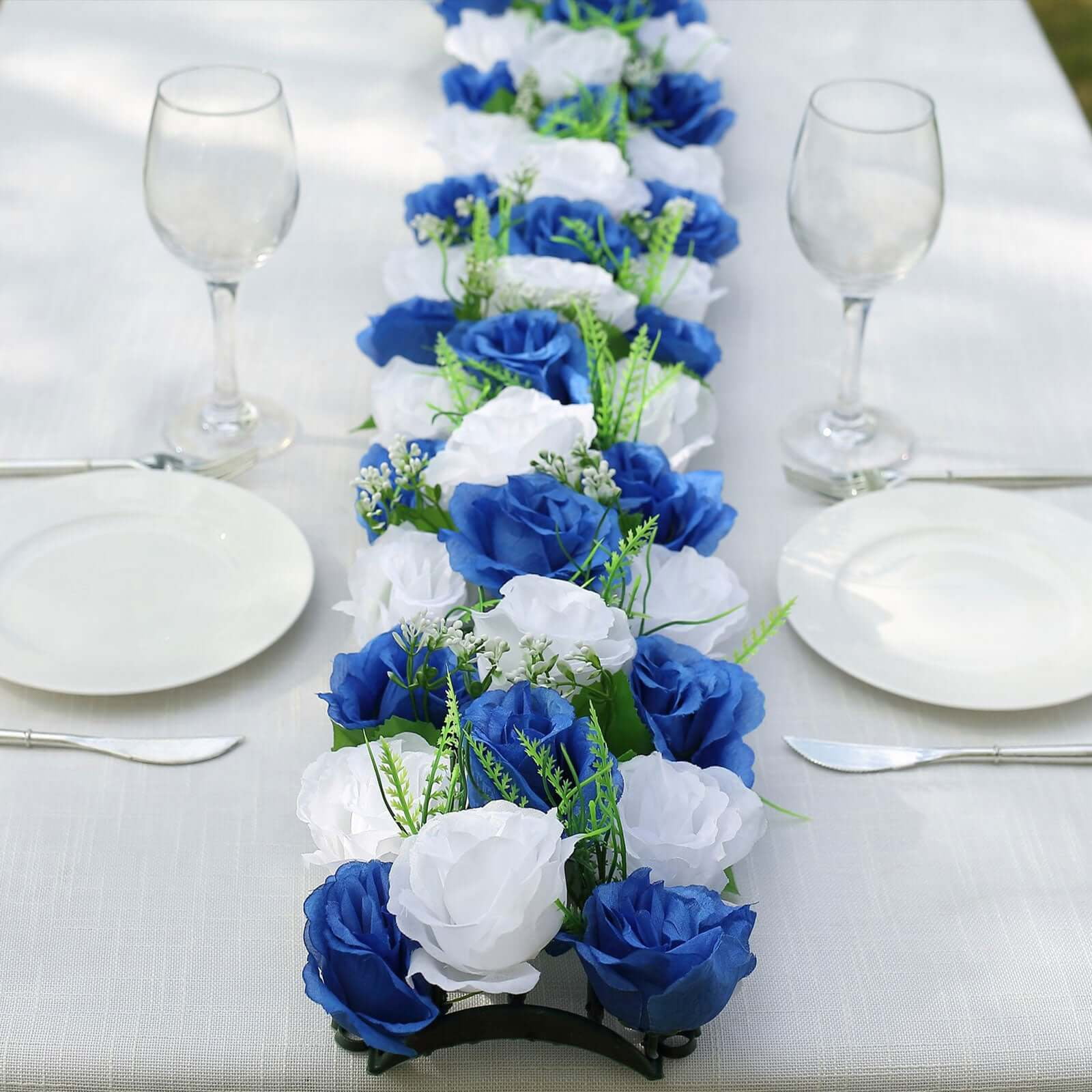Efavormart 6 Pack White Royal Blue Silk Rose Flower Panel Table Runner ...