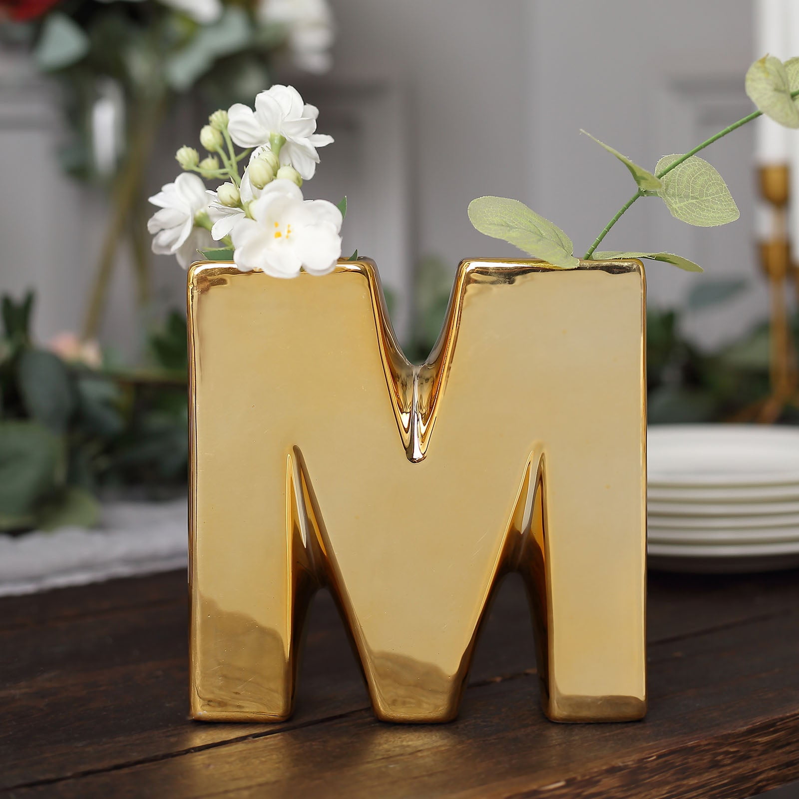 Efavormart 6" Shiny Gold Plated Ceramic Letter "M" Sculpture Flower ...