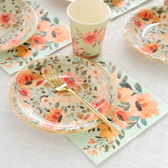 Efavormart Chic Sage Green & Pink Floral Print Disposable Dinnerware ...