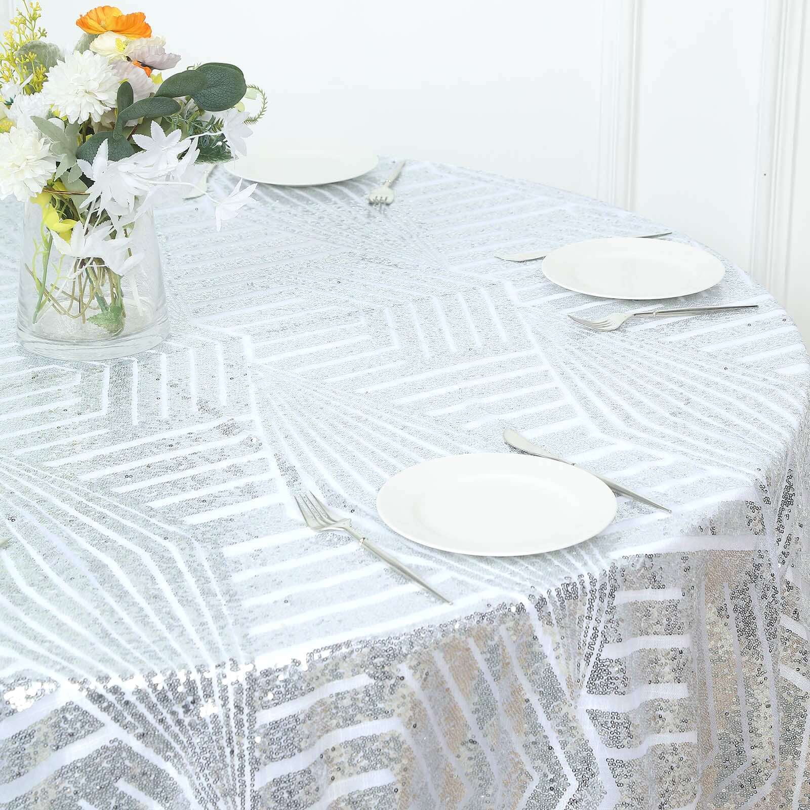 Efavormart 72" Silver Sparkly Sequin Geometric Tulle Square Table ...